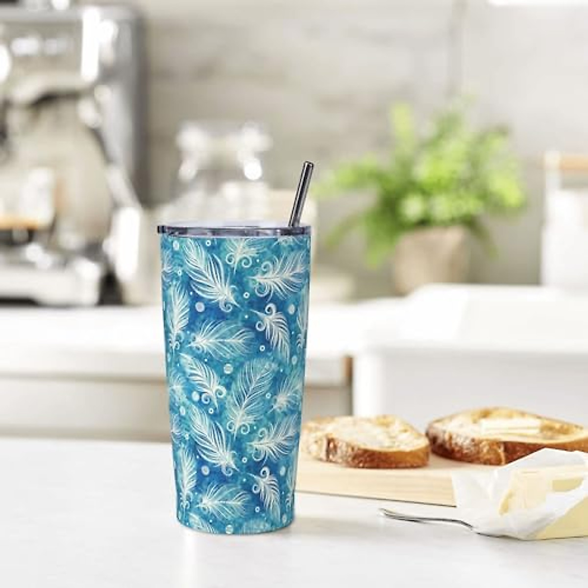 Yaxongx 20oz Tumbler Watercolor Feather Double Wall Vacuum Insulated Coffee Mug with Lid and Metal Straw Brush Reusable Stainless Steel Water Bottle Travel Cup Gifts for Car Ice Drinks Hot Beverage