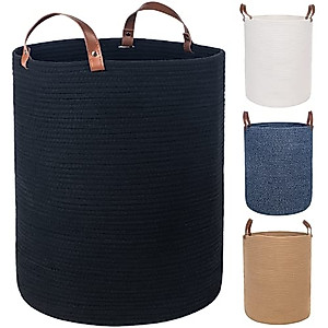 Twira Extra Large 20x16 Inches Cotton Rope Basket, Woven Baby Laundry Blanket Basket with Leather Handle Toy Basket Storage Baskets Bin for Yoga Mat & Towel (Black）