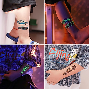 6 Sheets Car Temporary Tattoos for Kids Boys Glow Race Car Body Stickers Waterproof Tattoo Stickers Luminous Vehicle Cute Tattoo Sticker Gifts Birthday Party Supplies Favors Bag Filler Decorations