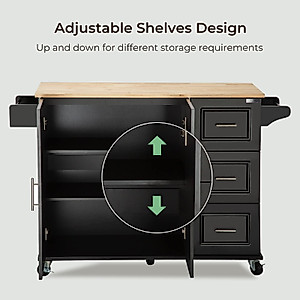 Unovivy Large Kitchen Island Cart with Drop Leaf, Kitchen Island with Storage, Rolling Kitchen Island with Adjustable Shelf Inside Cabinet, 3 Drawers, Spice Rack, Towel Rack and Wood Table Top