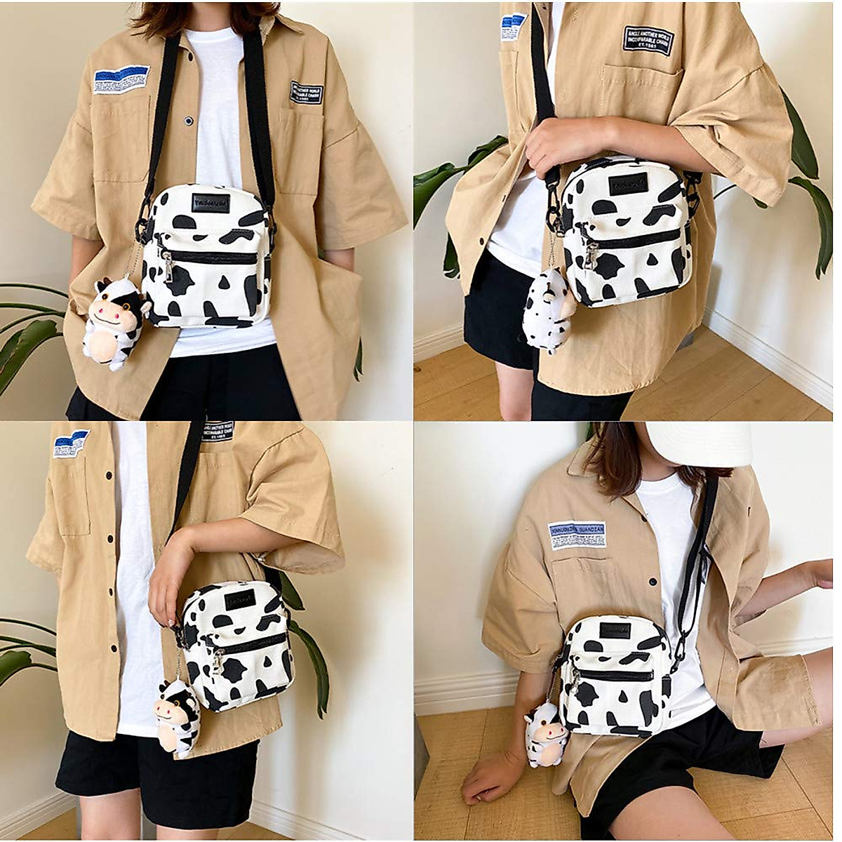 Cow Print Canvas Crossbody Purse Cute Animal Shoulder Handbag Phone Bag with Plush Pendant for Women Girls Kids