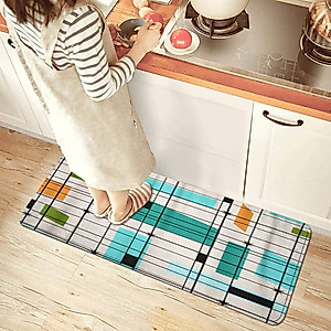 Mid Retro Grid and Starbursts Orange Century Modern Anti Fatigue Kitchen Mat Comfort Floor Mats Non-Slip Oil Stain Resistant Easy to Clean Kitchen Rug
