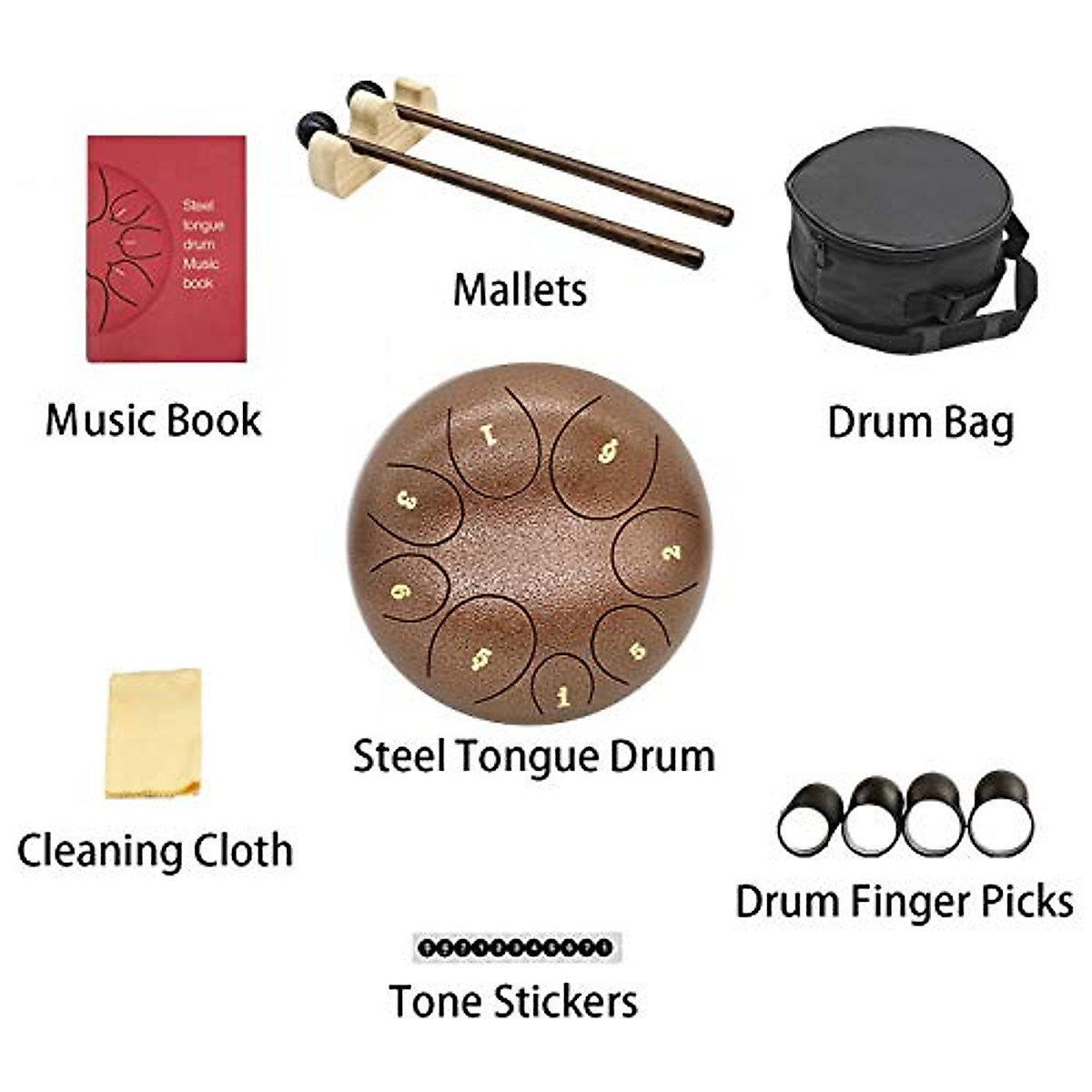 Steel Tongue Drum Tank Drum - Standard C Key 8 Notes 8 inches Pan Drum - Percussion Instrument with Drum Mallets -Handpan Drum with Bag, Music Book, Finger Picks for Camping, Meditation, or Yoga