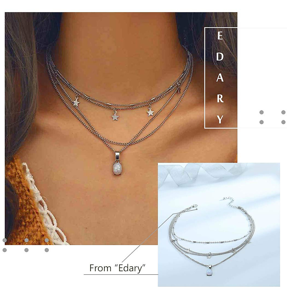 Edary Boho Layered Necklaces Silver Star Choker Necklace Crystal Pendant Chain Jewelry Accessories for Women (Style A)