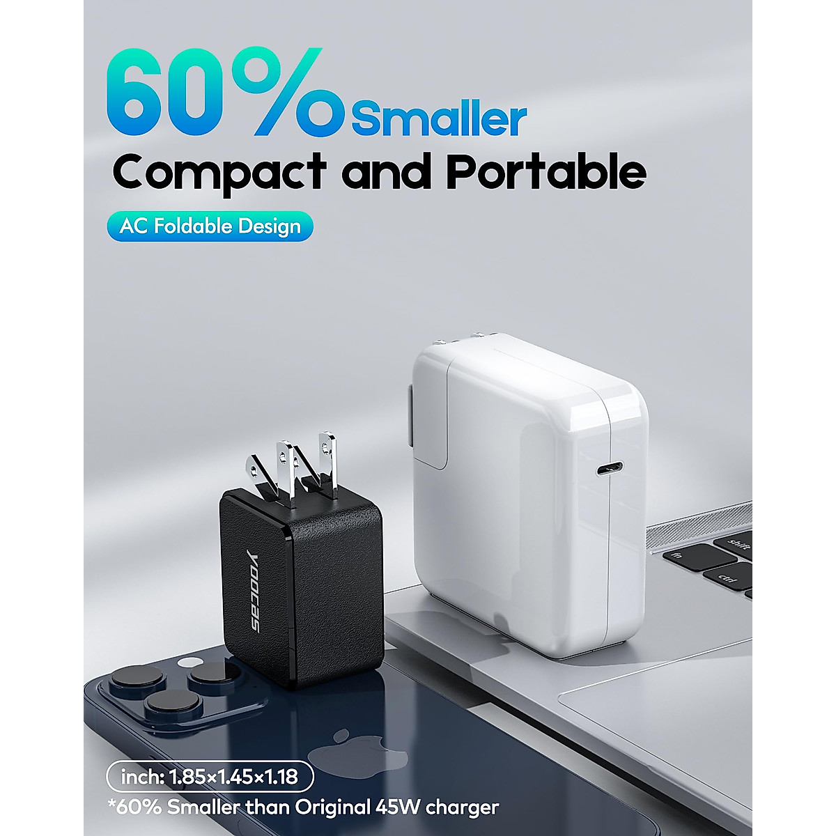 Yoocas 45W Super Fast Charger USB C,2 Ports Type C Wall Charger,Mini Foldable PD PPS Gan Charger Block for Galaxy S23 Ultra,Note 20,iPhone 15,iPad Pro,Laptop,MacBook Power Adapter,Steam Deck-Black