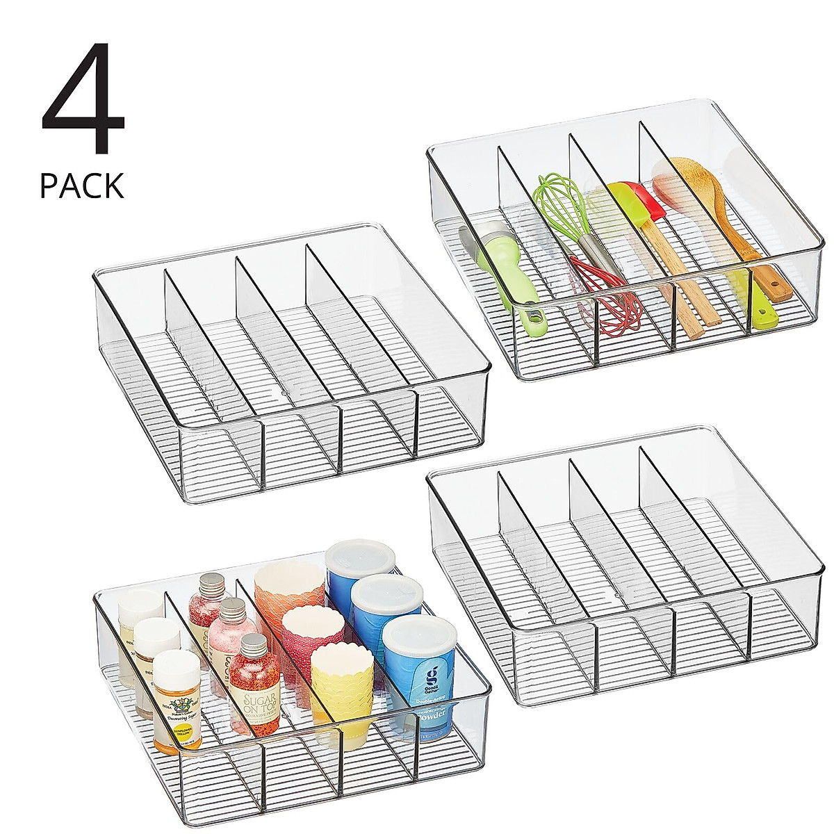 mDesign Plastic Stackable Tea Bag Storage Organizer Bin with 4 Divided Compartments - Holder for Kitchen Cabinet, Pantry, Countertop - Holds Sugar Packets, Coffee Pods, Ligne Collection, 2 Pack- Clear