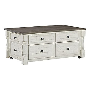 Signature Design by Ashley Havalance Farmhouse Lift Top Coffee Table with 4 Storage Drawers and Small Storage Tray, Whitewash