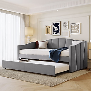GINGVAT Stylish Upholstered Daybed Sofa Bed with Twin Size Trundle and Wood Slat, Gray, White