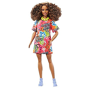 Barbie Fashionistas Doll #201 with Athletic Body, Curly Brunette Hair, Graffiti-Print Dress & Accessories