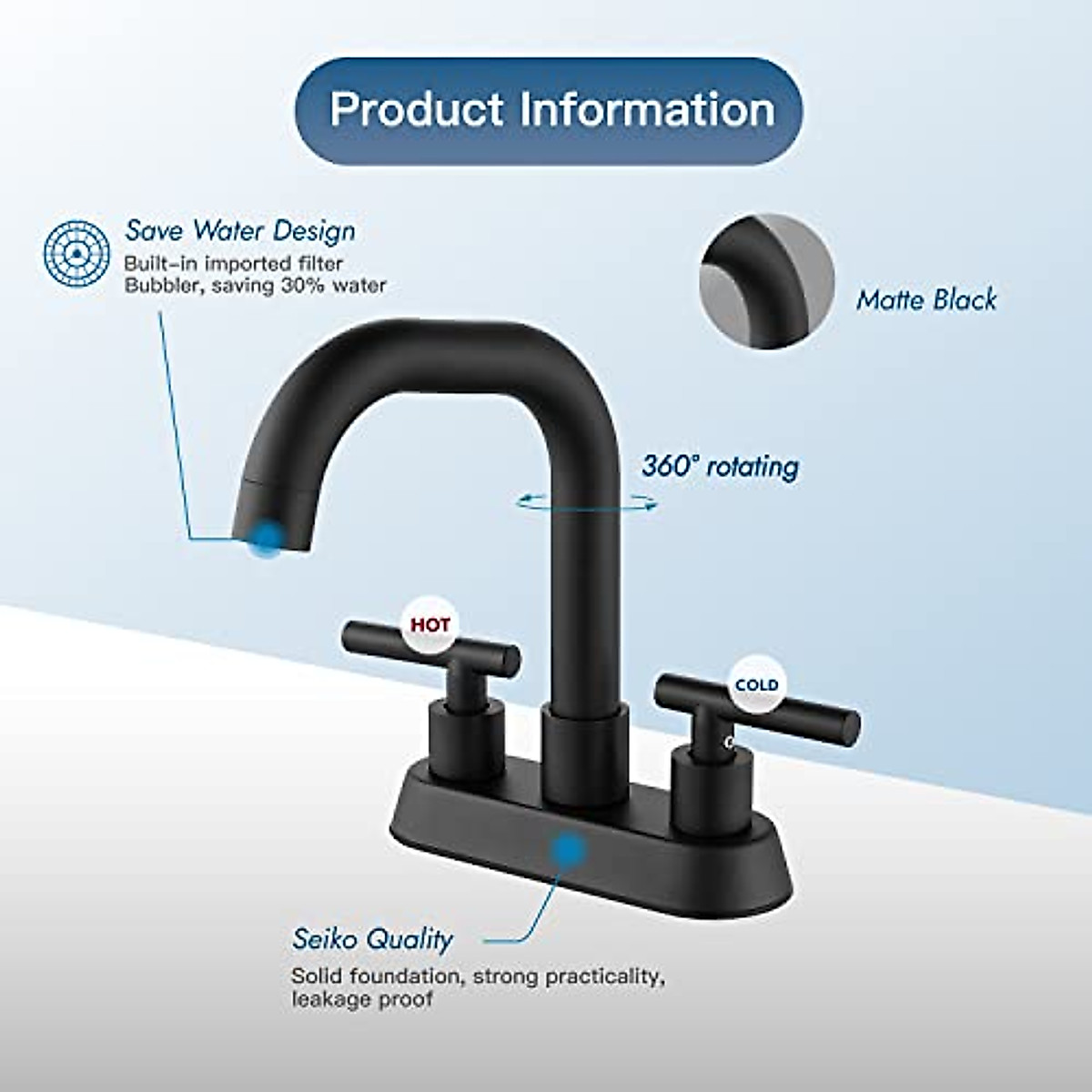 Cinwiny Matte Black 4 inch centerset Bathroom Sink Faucet Two Handle Vanity Lavatory Faucet Swivel Spout 360 Degree Deck Mounted Mixer Tap Water Supply Hoses
