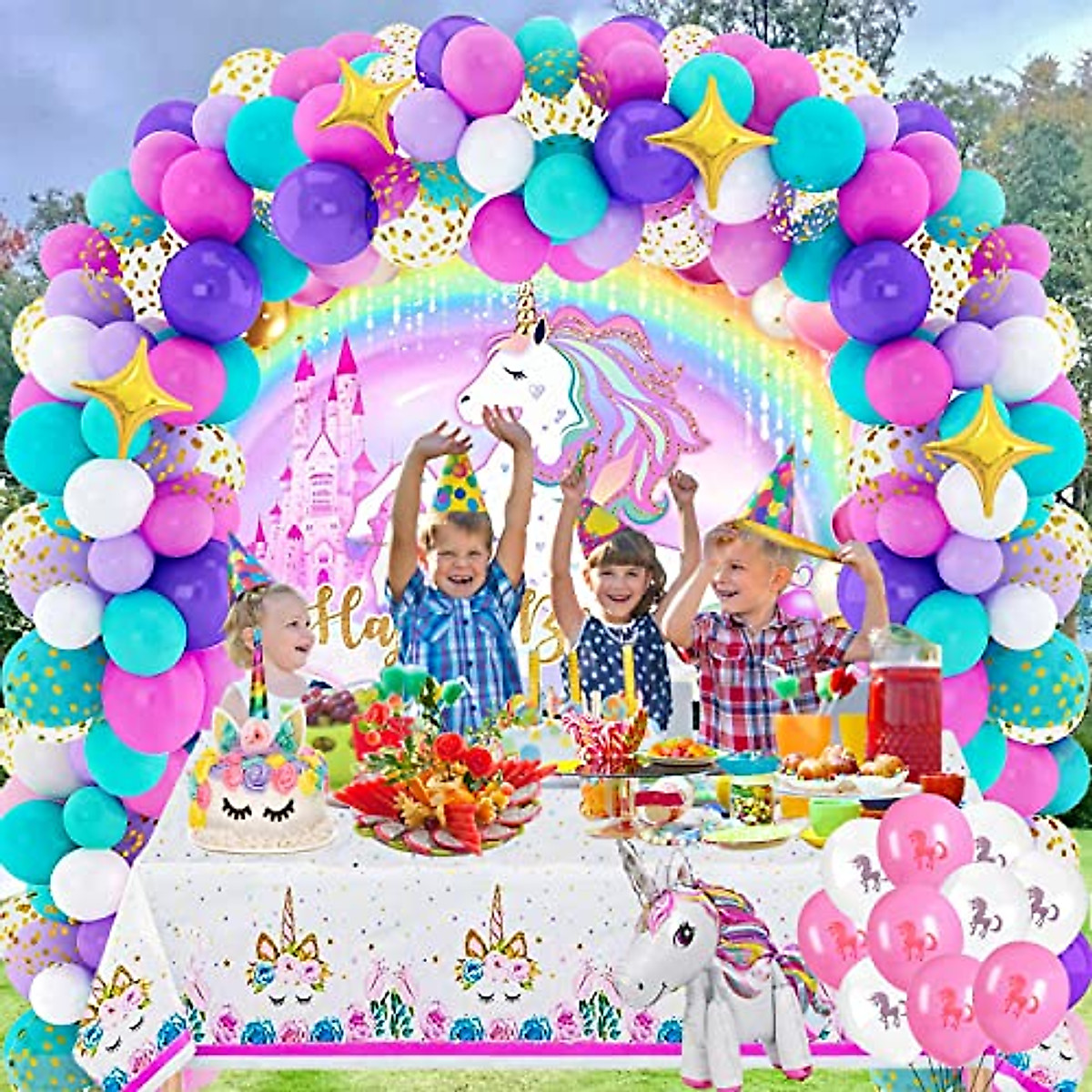 Unicorn Birthday Party Decorations Girls - 110PCS Unicorn Party Supplies, Balloon Arch Garland Kit with Unicorn Rainbow Birthday Backdrop, Unicorn Tablecloth, Birthday Balloons, Confetti Balloons