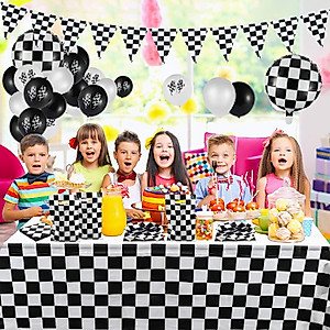 BeYumi 127Pack Race Car Checkered Party Supplies Decoration Kit, Including Banner Pennant Balloons Tablecloth Tableware Goodies Gift Bags, Black and White Party Decorations Pack, Serves 20 Guests