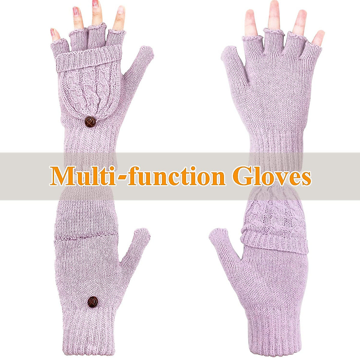 Beurlike Women's Winter Gloves Warm Wool Knitted Convertible Fingerless Mittens (Purple)