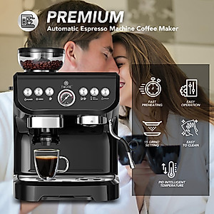 Trustmade Premium Espresso Machine Coffee Maker with Milk Frother, Coffee Grinder, Commercial Coffee Maker Automatic Stainless Steel, Removable Parts for Easy Cleaning，15 Bar
