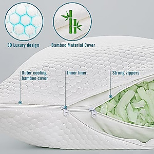 Nctoberows Bed Pillows for Sleeping, Shredded Memory Foam Pillows Standard Size Set of 2 Pack Adjustable Cooling Pillows for Side and Back Sleeper with Washable Removable Cover.