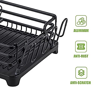 RTTRAO Luling Aluminum Dish Drying Rack, Rustproof Sink Dish Rack and Drainboard Set, Dish Drainer with Adjustable Swivel Spout, Removable Utensil Holder and Drainboard - Black