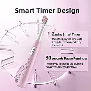 XFU Sonic Toothbrushes for Adults and Kids, 3 Brush Heads, with 5 Modes and IPX7 Waterproof, Battery Electric Toothbrush Build in 2 Mins Timer 40,000 VPM XF-11 Pink
