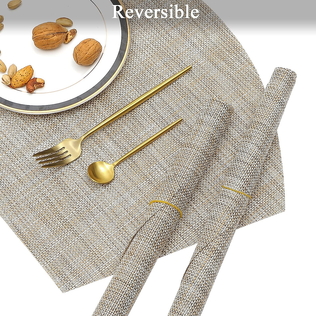 SHACOS Large Size Wedge Shape Placemats with Centerpiece Round Mat Set of 5 Round Table Place Mats Washable Dining Table Placemats Reversible, Beige