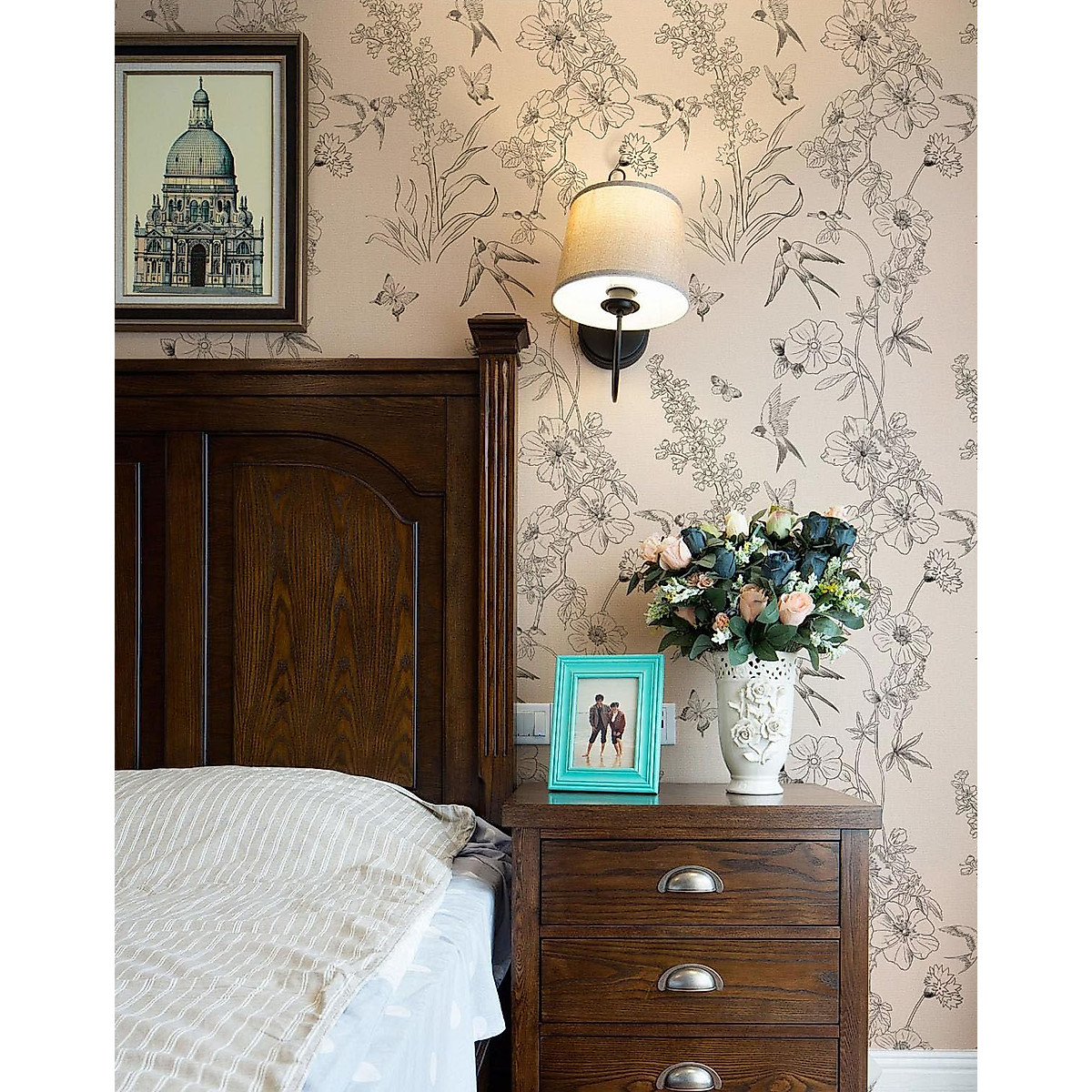 HomKihapai Vintage Wallpaper- Black and White Wallpaper Floral Peel and Stick Wallpaper Modern Bird Wallpaper for Bathroom Waterproof Contact Paper (Black and White, 118"X17.4")