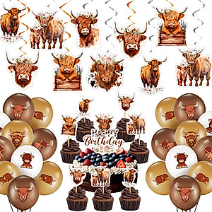 Libima 99 Pieces Highland Cow Birthday Decorations Include 25 Highland Cow Cake Toppers 50 Pcs 12 Inch Cattle Latex Balloons and 24 Highland Cow Hanging Swirls for Highland Cow Cattle Birthday Party
