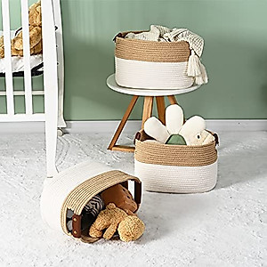 ECDYQXVU 1 Pack Cotton Rope Storage Baskets,15x10x9 in,Collapsible Storage Bins, Decorative Woven Basket Cube Storage Organizer for Nursery, Laundry, Towel, Clothes, Cosmetics, Books(White/Beige)