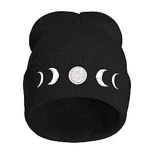 Gothic Goth Crescent Moon Embroidery Beanie Hat for Men Women Winter Warm Stretch Skull Knit Hats Cap Black