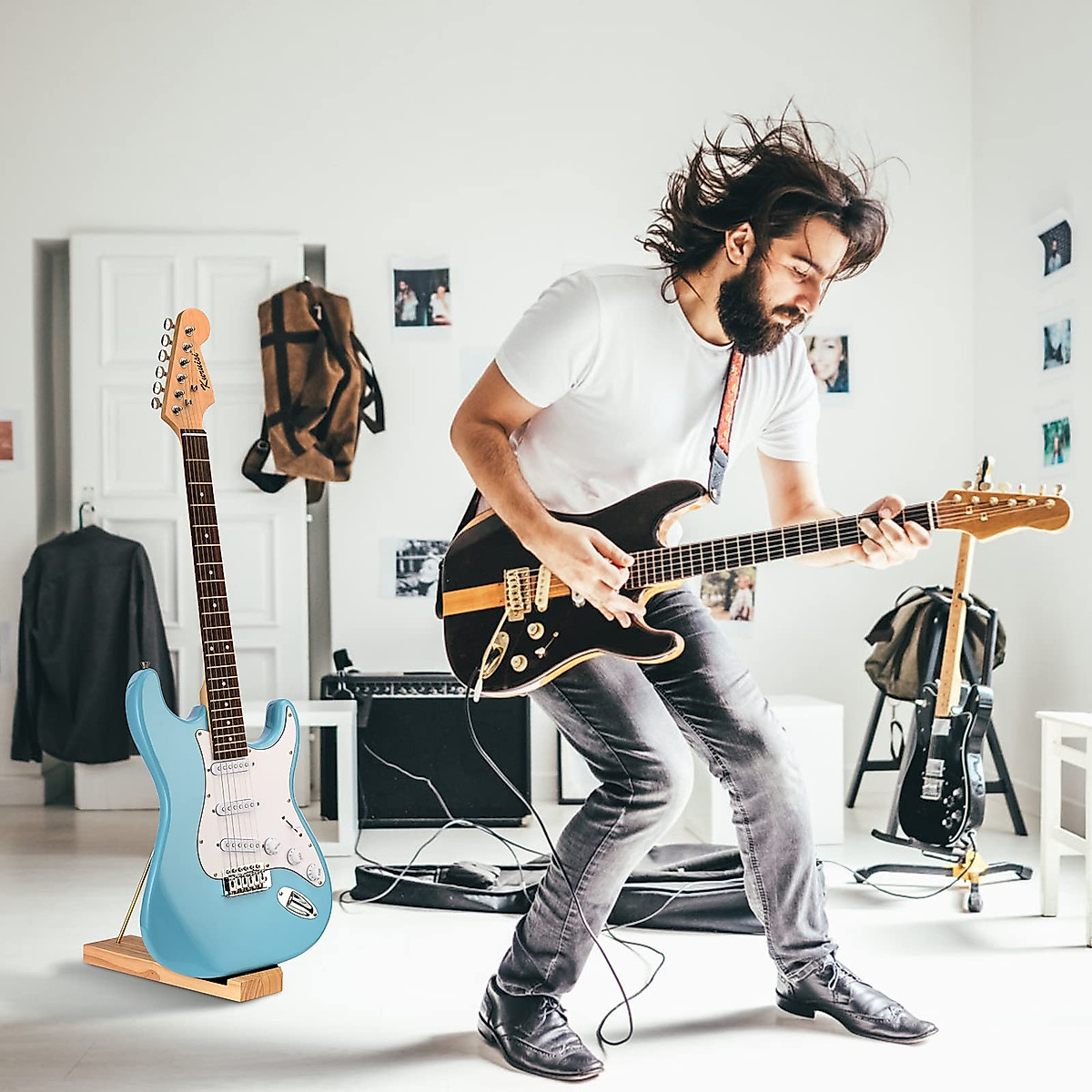 SUNYIN Electric Guitar Stand Bass Stand Wooden Floor Stand For Bass And Electric Guitar Minimalism Removable And Collapsible Oak Guitar Holder Stand Gifts for Electric and Bass Guitar Players