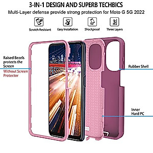Qinmay Moto G 5G 2022 Case & 2 HD Screen Protectors, Heavy Duty 3-in-1 TPU+PC - WineRed Pink