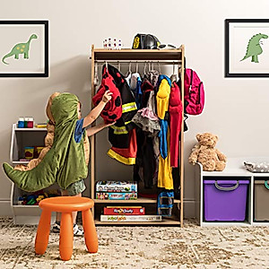 IRIS USA Open Wood Clothing Costume Garment Hanging Rack Armoire Wardrobe Dresser Organizer with Shoe Shelves and Side Hook, for Nursery, Kids Room, Closet, Dress-Up Center, Small Spaces, Light Brown