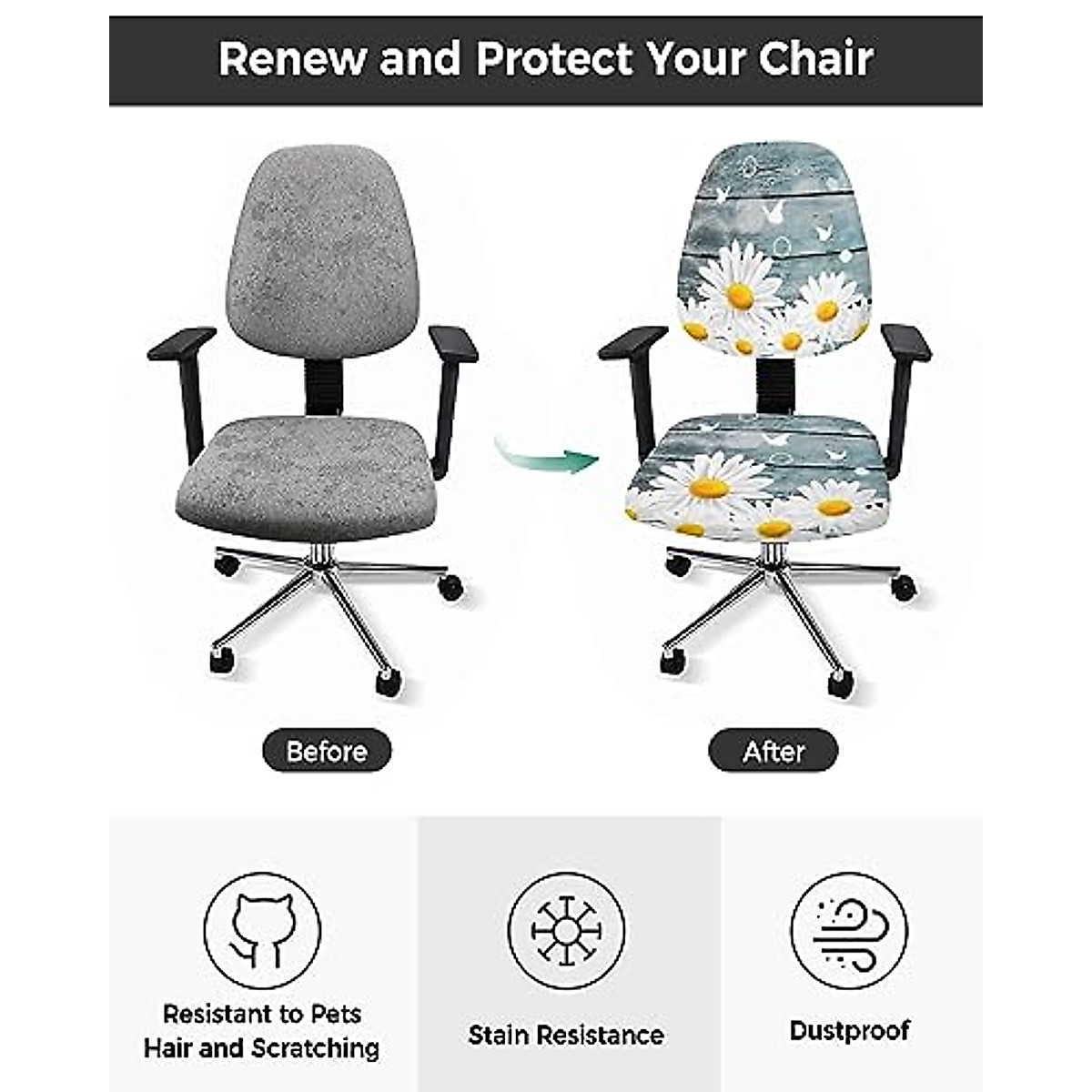 Big buy store Office Chair Cover Summer Daisy Floral Butterfly Protective Stretchable Universal Computer Chair Covers Retro Wooden Board Stretch Rotating Chair Slipcover