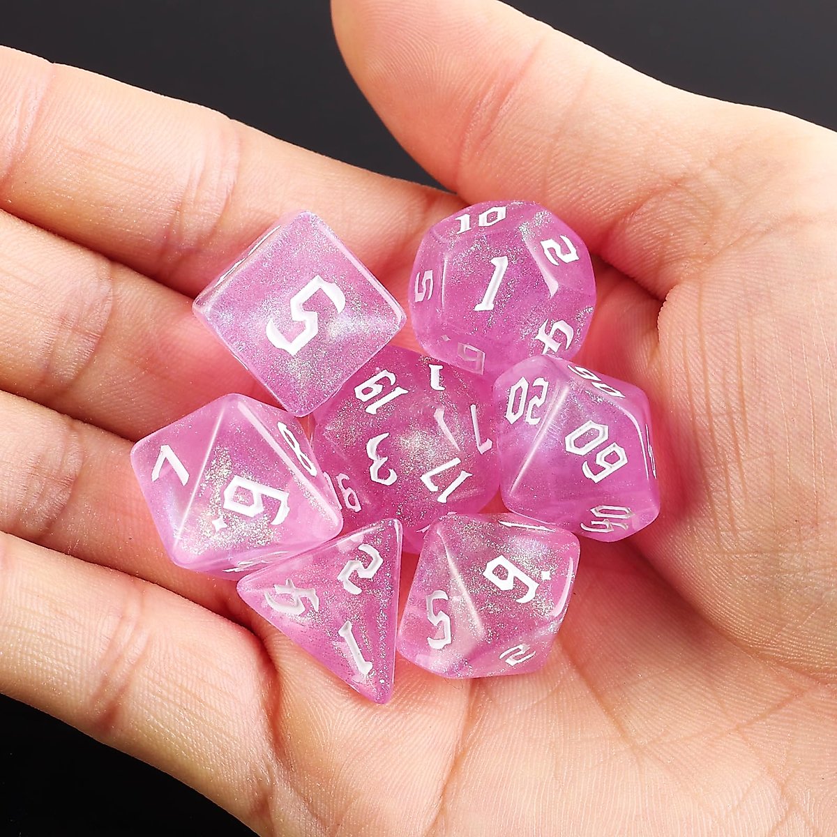 DND Dice Pink Transparent Dice with Color Changing Glitter for Dungeons and Dragons Role Playing Game,D&D,MTG,Pathfinder Dice Set with Dice Pouch(Sickle Handwriting)