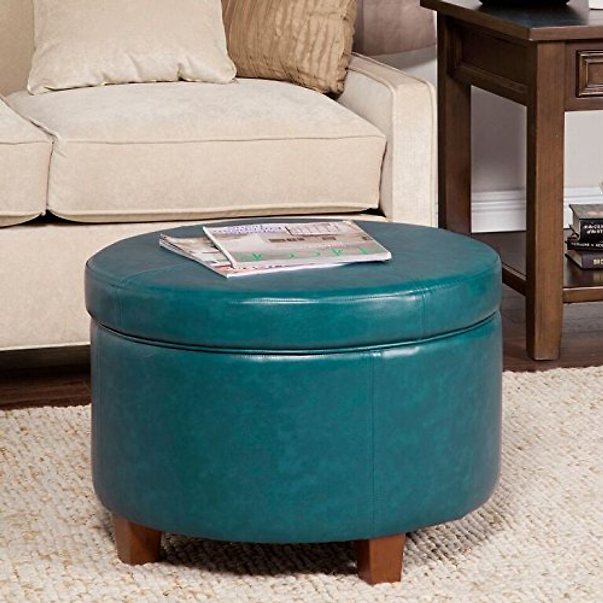 HomePop Round Leatherette Storage Ottoman with Lid, Teal