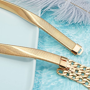 Wovanoo Skinny Stretch Belt Multilayer Metal Elastic Waist Belts Thin Waistband for Women Dress Gold
