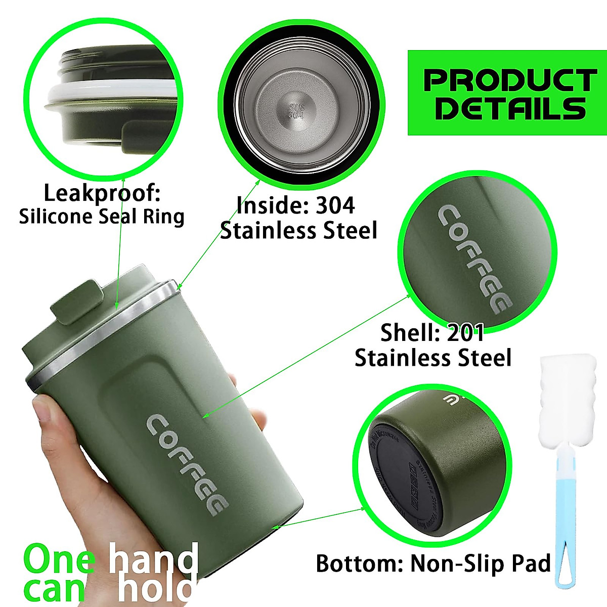 IWANGDS Leak Proof Travel Coffee Mug, Insulated Coffee Mug with Lid, Stainless Steel Vacuum Tumbler, Reusable Coffee Cup for Keep Hot Ice Drinks, 13oz Cute Mini Thermos with Cat Paw Pattern (Green*1)