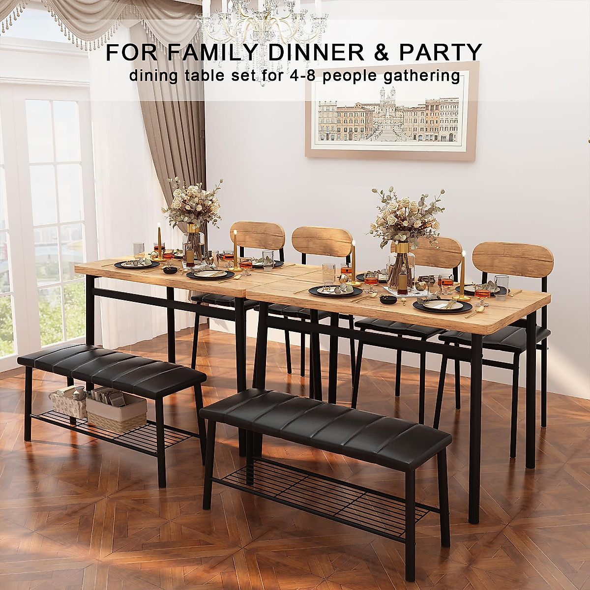 AWQM Dining Table with 2 Chairs and Bench Set, Dining Room Table Set for 4, 43.3 inches Kitchen Table and Faux Leather Upholstered Chairs Bench Set for Small Kitchen, Dining Room, 4 People Family Use…