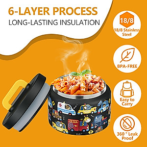 PIQUEBAR 8oz Kids Thermo for Hot Food,Small Lunch Thermos Food Container Stainless Steel,Easy Open Wide Mouth Thermo for Hot Cold Food for Preschool Travel (Black Animal Truck)