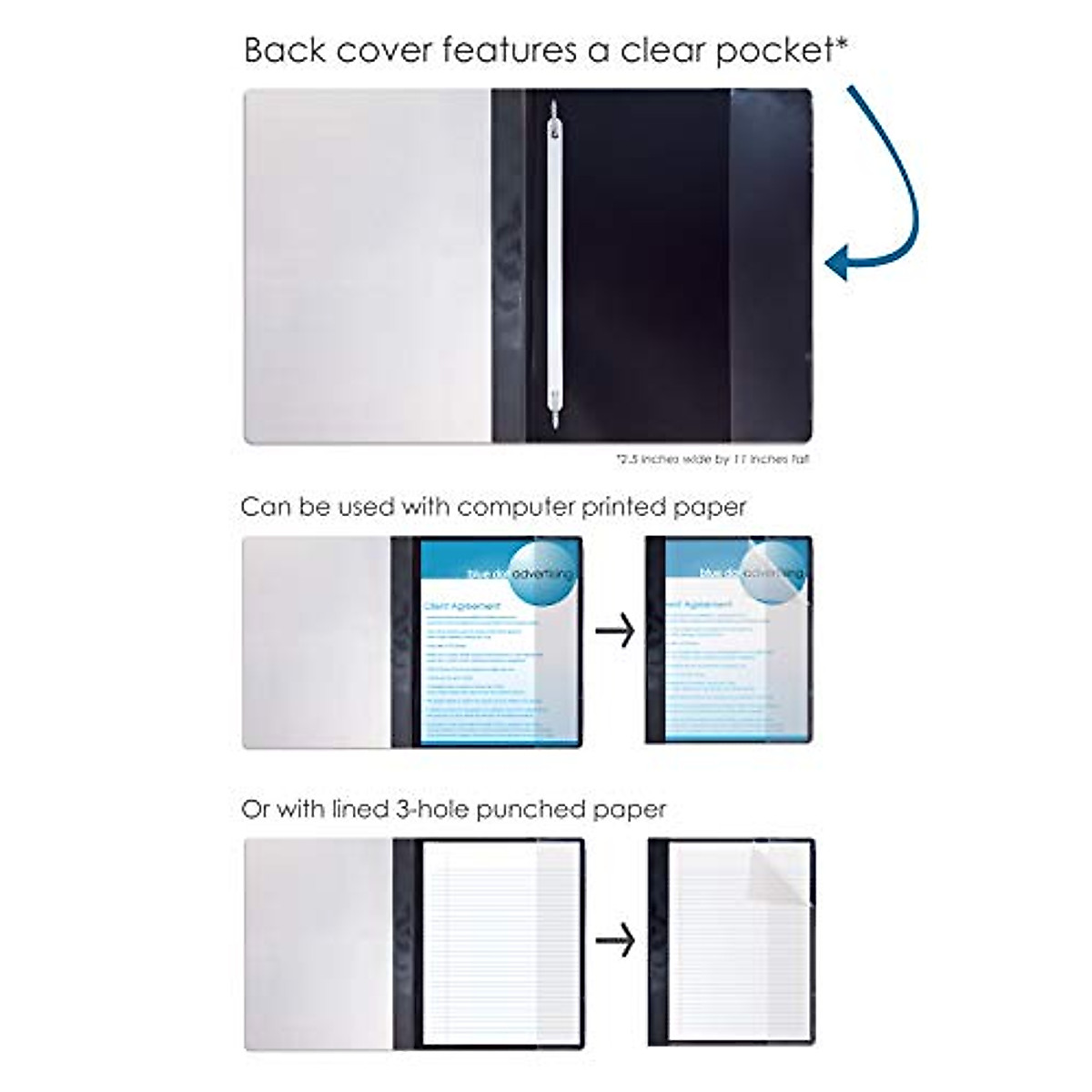 Ultra Durable Clear Front Report Covers, 25 Per Box, Letter Size, Black, Poly Back Cover, with Fasteners, Lay Flat, by Better Office Products, Box of 25