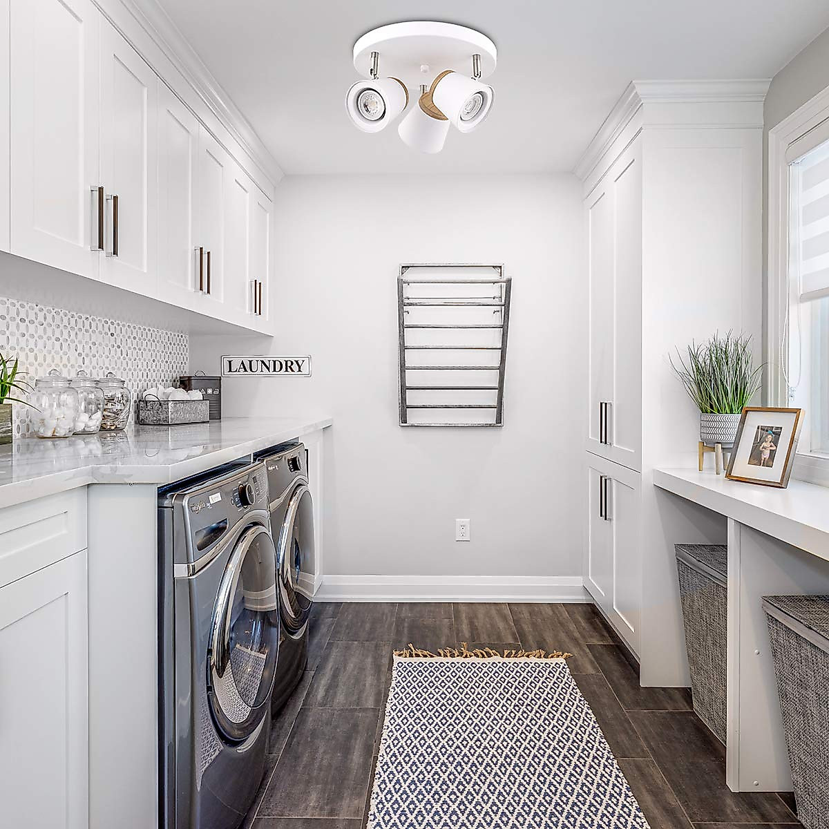 TeHenoo White Ceiling Light Fixtures 3-Light,Natural Wood Finish,Directional Spotlights, GU10 Socket Track Lighting for Hallway, bedrooms, Foyer, Kitchen, Living Room