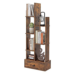 WEENFON Unique Bookcase with 1 Large Drawer, Tree-Shaped Bookshelf with 7 Storage Shelves, Open Standing Bookshelf for Bedroom, Living Room, Office, Rustic Brown