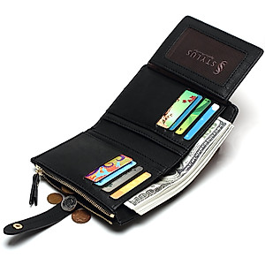 Fanaztee Womens RFID Blocking Black Leather Organized Wallets Purse Compact Bifold Clutch for Girls