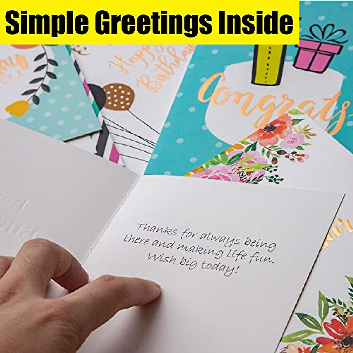 40 Unique Birthday Cards + 20 All Occasion Greeting Cards, Individually Packed Rose Gold Foil Large 5”x7” Thank You, Anniversary Cards, Simple Message Inside, Magnetic Box Variety Set w/Thick Envelope