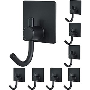 Adhesive Wall Hooks, Matte Black Stainless Steel Coat Hook, Heavy Duty Waterproof Towel Hooks for Hanging, Self-Adhesive Robe Shower Hooks, Bedroom Bathroom Kitchen Wall Mount Hooks - 8 Pack