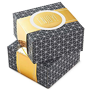Hallmark 4" Small Gift Boxes with Wrap Band (2-Pack: Gray Geometric, Gold "Enjoy!") for Weddings, Graduations, Engagements, Birthdays, Housewarmings