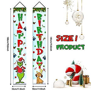 Christmas Happy Birthday Porch Sign Banner, Christmas Decorations Green Monster Door Banner Welcome Porch Sign for Front Door Outside Yard Christmas New Year Birthday Party Supplies