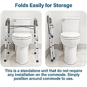 Vaunn Deluxe Folding Safety Toilet Rail, Adjustable and Foldable Toilet Safety Frame, Bathroom Handrail Assist Grab Bar Handle, Gray