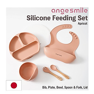 Baby Feeding Essentials Silicone Ange Smile 12 Set Bib, Baby Bowl, Suction Plate, Spoon, Fork Eating Utensils for 6+ Months Kids Toddler Kawaii Pink Peach