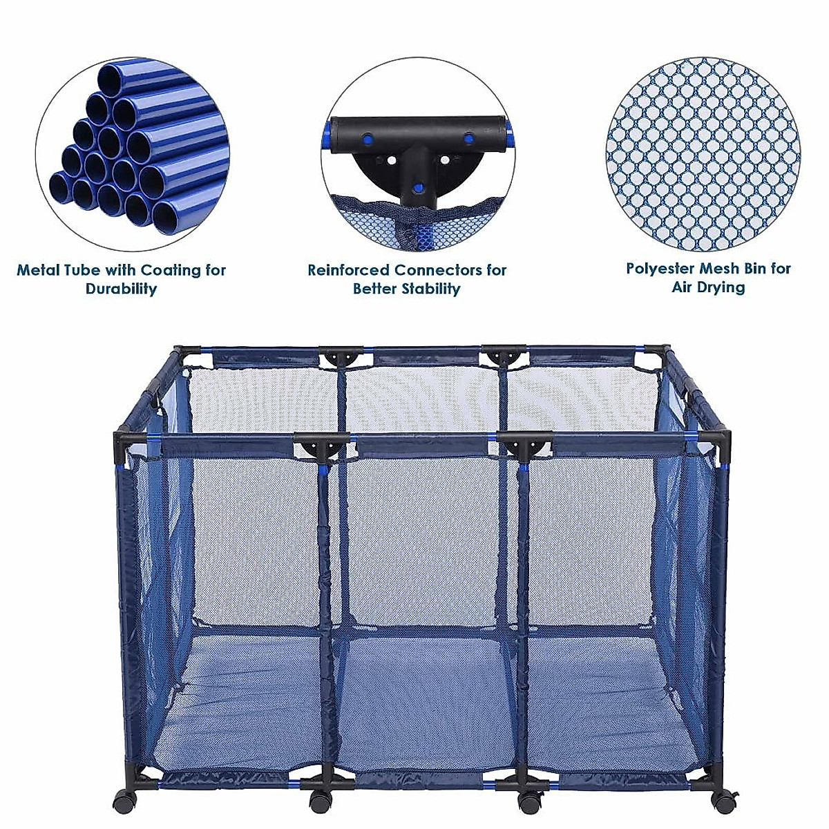 ZeHuoGe Rolling Mesh Pool Storage Bin, Metal Tube with Coating, Air Dry Items Quickly & Easily Roll The Mesh Storage Bins to Home Garage or Shed (48"x30"x34", Blue)