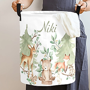 Woodland Forest Animals Laundry Basket Personalized with Name Laundry Hamper with Handle Clothes Bag Bin for Bedroom Baskets