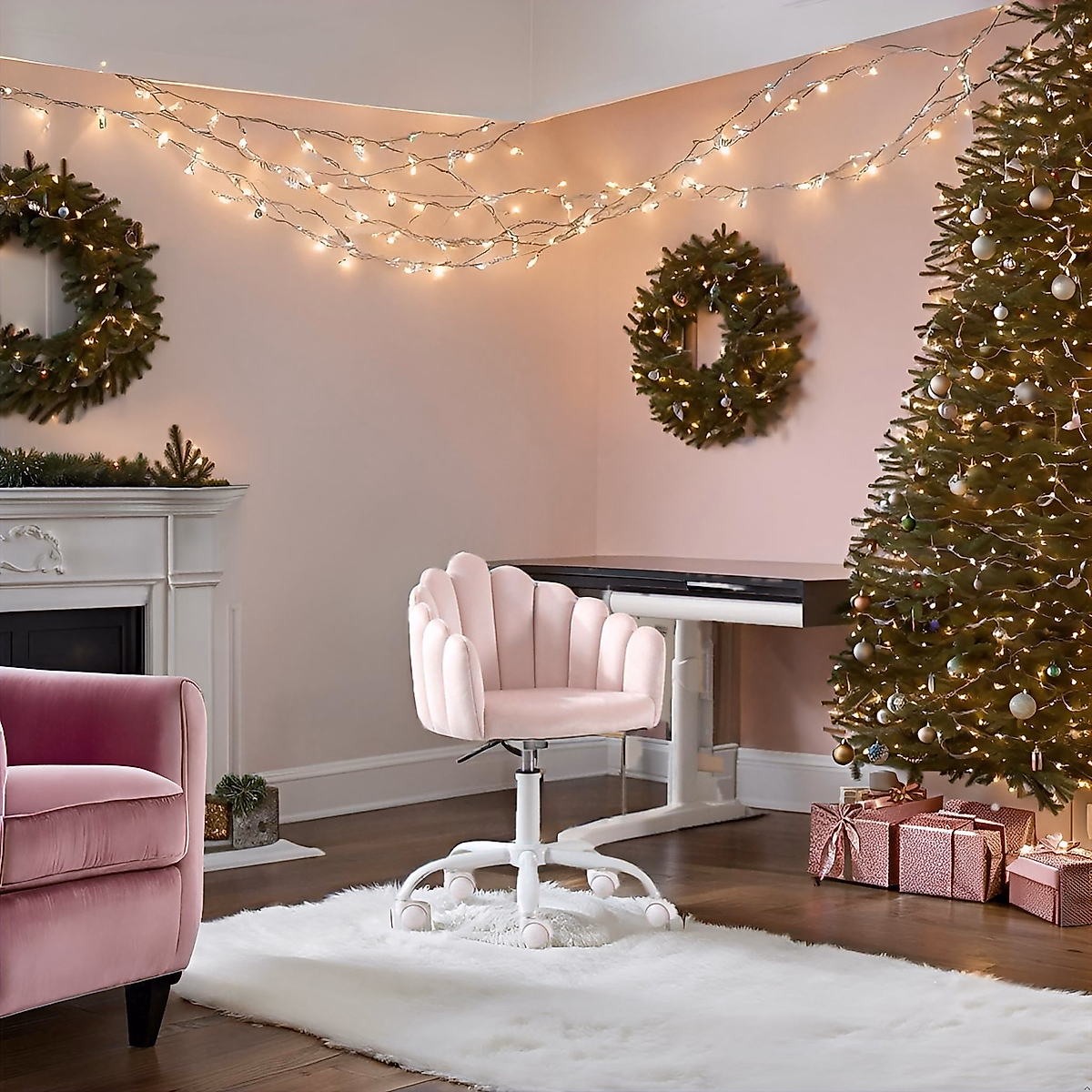 LukeAlon Kids Cute Swivel Desk Chair, Velvet Child Study Chair with Rolling Wheels and Arms, Comfy Upholstered Height Adjustable Teen Vanity Chair for Home Bedroom School, Pink