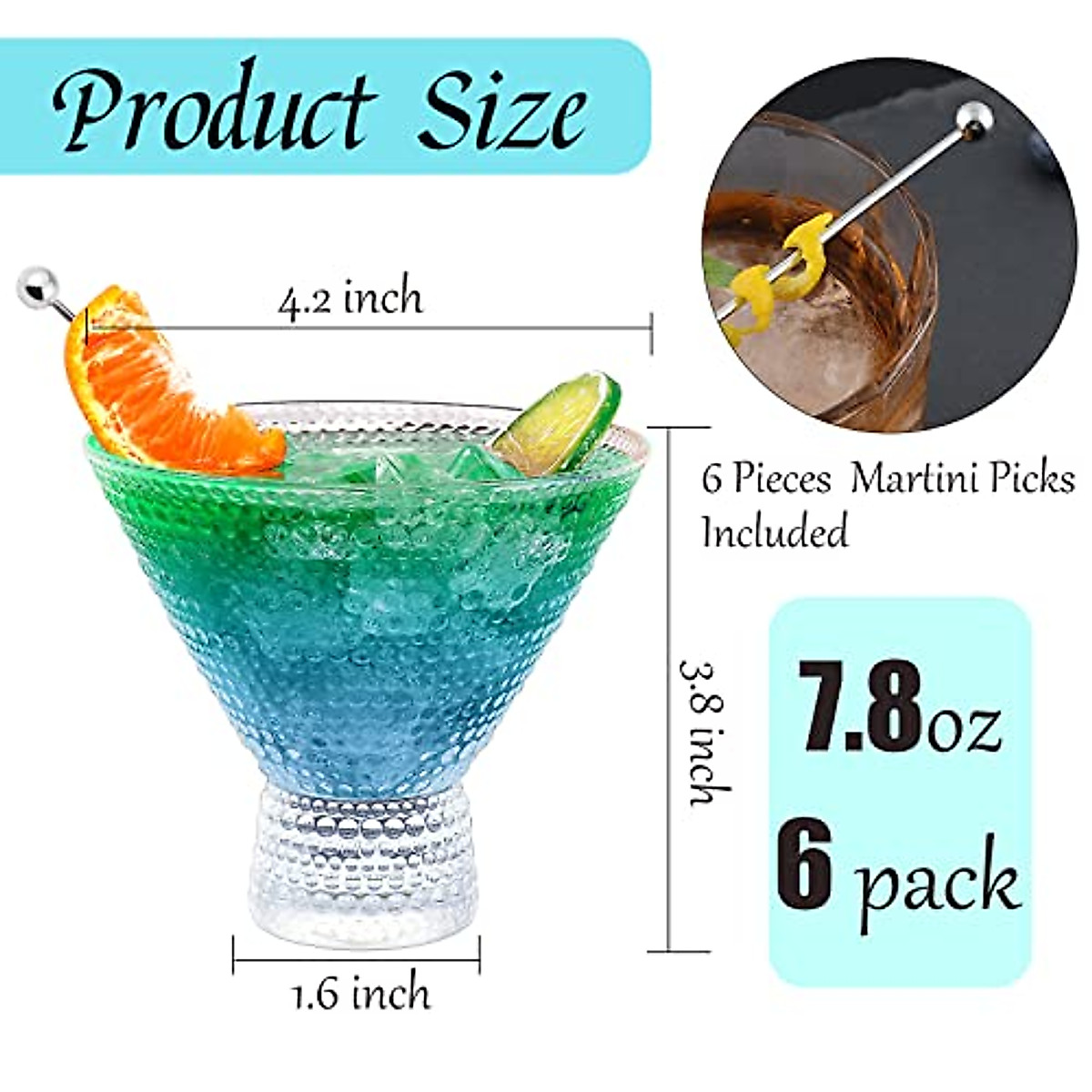 DI QIU REN Stemless Martini Glasses Set of 6, Vintage Martini Glasses Cocktail Glasses (7.8oz) Bar Glasses Juice Glasses, Cocktail Party Home Bar Gift